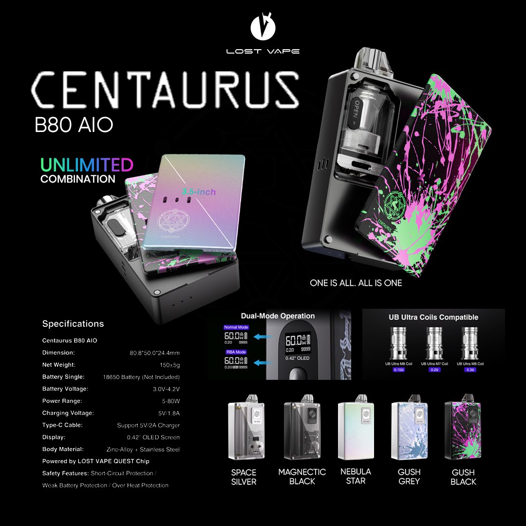 LOST VAPE : CENTAURUS B80 AIO 80W POD MOD – S&P MY