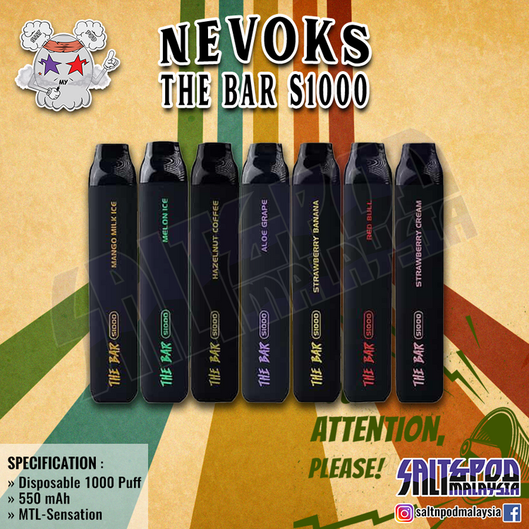 NEVOKS : THE BAR S1000 Disposable – Salt & Pod Malaysia